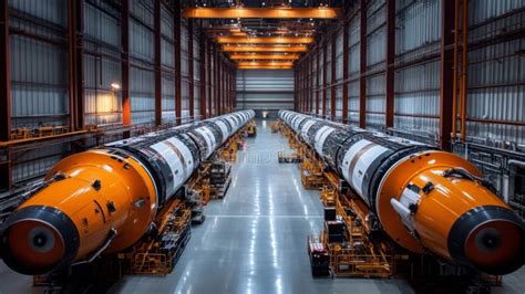 Overhead View Of Multiple Rocket Stages Lined Up In Large Space Assembly Facility At Dusk Stock