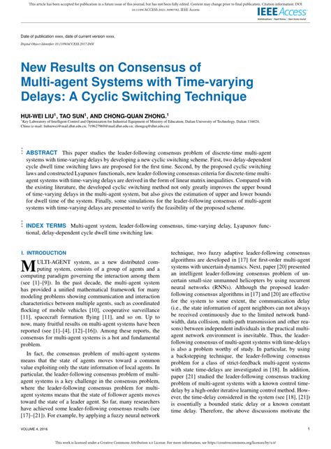 Pdf New Results On Consensus Of Multi Agent Systems With Time Varying