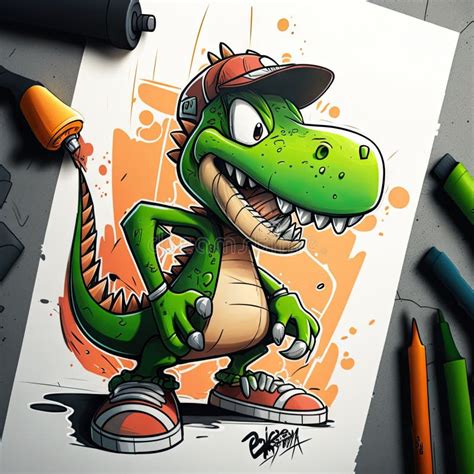Goofy Dinosaur Cartoon Character Graffiti Style Marker Draw Stock