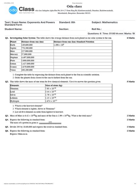 Exponents And Powers Standard Form Pdf Planets Solar System