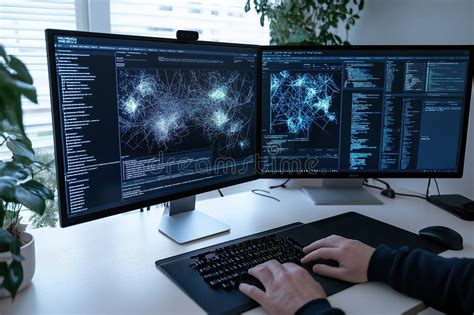 Programmer Analyzing Complex Network Data And Algorithms On Dual Monitors In A Modern Workspace