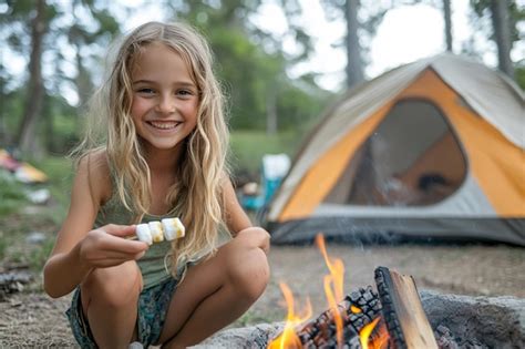Camping Girl Roasting Marshmallow On Campfire Premium Ai Generated Image