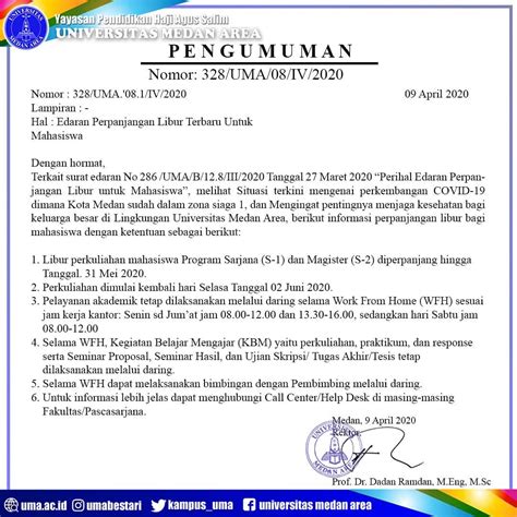 Pengumuman Perpanjang Libur Mahasiswa Kuliah Daring Online Program