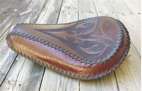 Leather Motorcycle Seat Hand Tooled Dark Brown Custom Made Genuine
