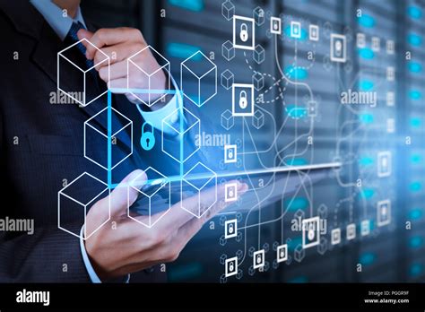 blockchain technology concept with diagram of chain and encrypted blocks businessman hand using