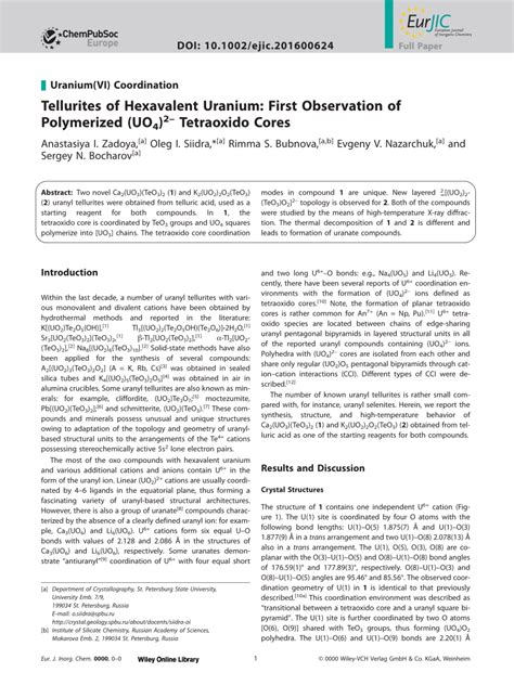 Pdf Tellurites Of Hexavalent Uranium First Observation Of Polymerized Uo42 Tetraoxido Cores
