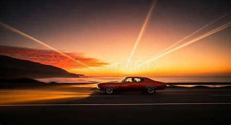 Vintage Red Car Drives Along Coastal Highway At Scenic Sunset Golden