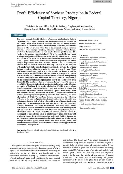 Pdf Profit Efficiency Of Soybean Production In Federal Capital