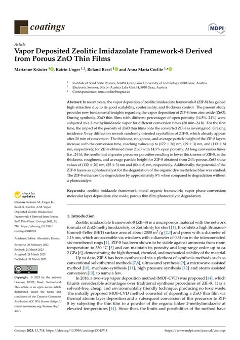 Pdf Vapor Deposited Zeolitic Imidazolate Framework 8 Derived From
