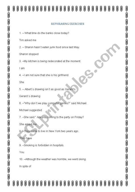 Rephrasing Exercises Esl Worksheet By Monikatp