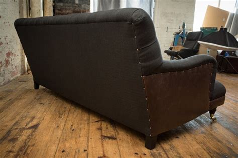 Handmade 3 Seater Charcoal Grey Herringbone Wool Chesterfield Sofa With