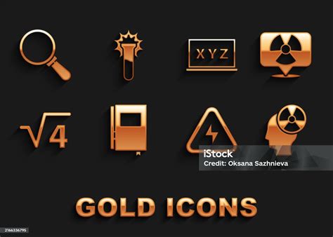 세트 북 방사성 위치 머리 및 방사선 기호 고전압 4 글리프의 제곱근 Xyz 좌표계 돋보기 및 시험관 플라스크 아이콘 벡터 3차원 형태에 대한 스톡 벡터 아트 및 기타