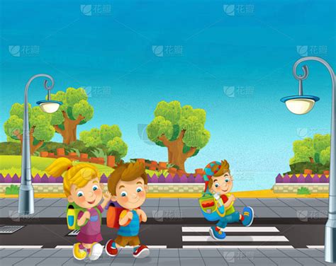 走在街上的儿童卡通场景