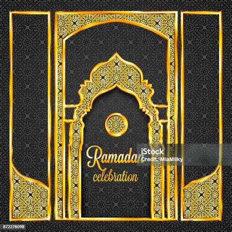 라마단 카림 인사말 카드는 전통적인 이슬람 패턴 초대 또는 동부 스타일에서 책자 아랍어 원과 별 황금 패턴 빛나는 프레임 및 사원 골드 장식 무늬 문 0명에 대한 스톡 벡터