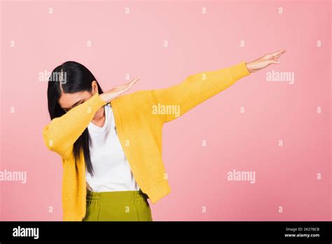 Woman Teen Smile Standing Move Showing Dab Dance Against Gesture Stock