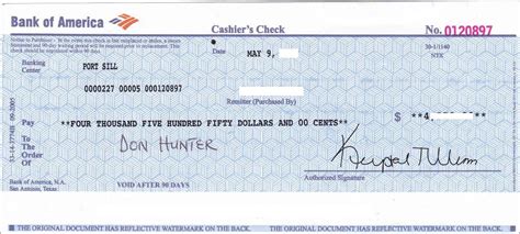 Bank Of America Cashiers Check Template