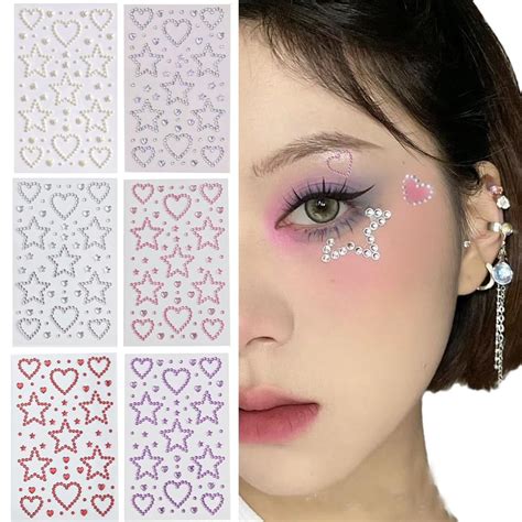 6 Sheets Face Gem Pearl Stickers For Makeup Heart Star Shaped 3d Self