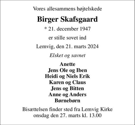 Birger Folke Bryndum Skafsgaard Dødsannoncer I Danmark