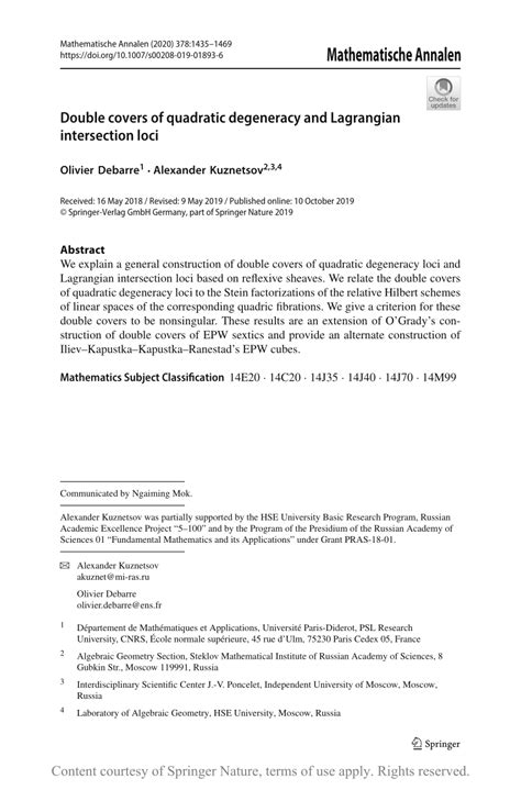 Double Covers Of Quadratic Degeneracy And Lagrangian Intersection Loci