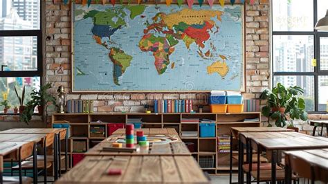 A Classroom With Wooden Tables Colorful Materials And A Large World Map On The Wall Stock