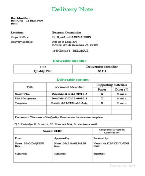 Template Of Delivery Note