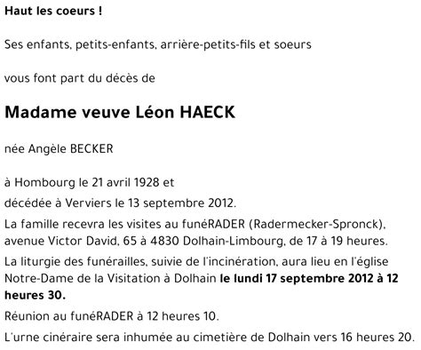 Avis De Décès De Angèle Haeck Décédé Le 13 09 2012 à Verviers Annonce Condoléances Fleurs