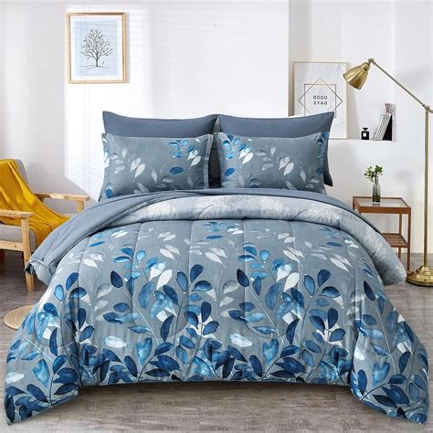 Anibedding Blue Floral Queen Comforter Set 7 Piece Navy