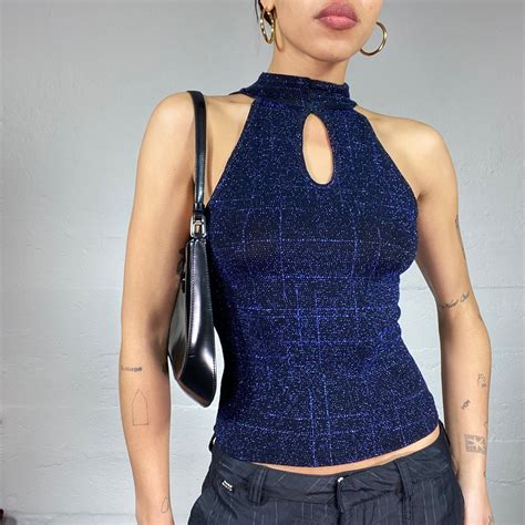 Vintage 2000s Clubwear Black Neckholder Top With Navy Blue Glitter Pr