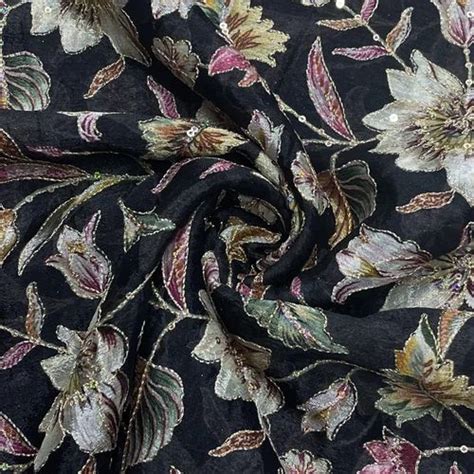 Classic Black Floral Print Thread Embroidery Viscose Chinnon Fabric At
