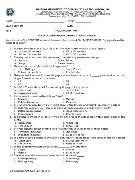 Final Set B Personal Identification Pdf Fingerprint Hand