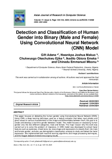 Pdf Detection And Classification Of Human Gender Into Binary Male And Female Using