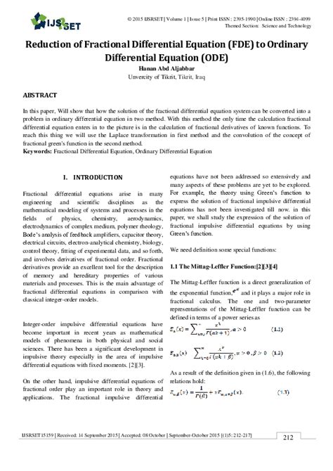 Pdf Reduction Of Fractional Differential Equation Fde To Ordinary Differential Equation Ode
