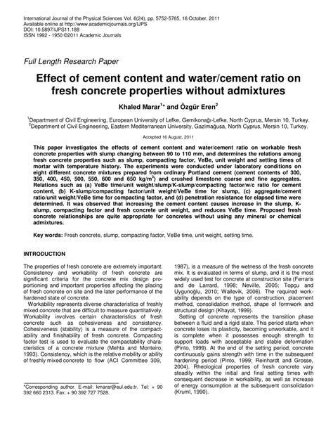 Pdf Effect Of Cement Content And Water Cement Ratio On Fresh Concrete Properties Without