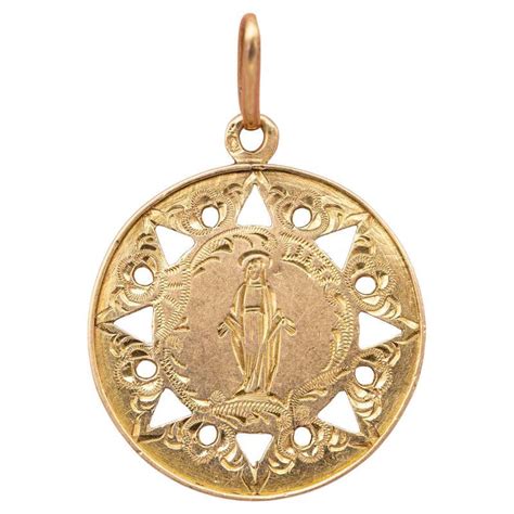 French Augis Virgin Mary 18k Yellow Gold Religious Medal Pendant For
