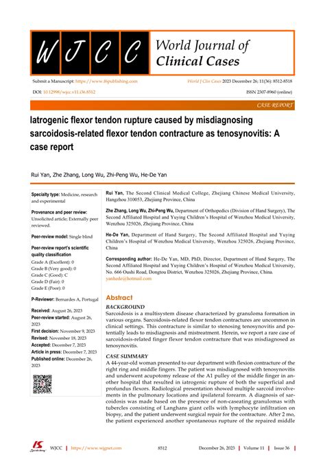 Pdf Iatrogenic Flexor Tendon Rupture Caused By Misdiagnosing Sarcoidosis Related Flexor Tendon