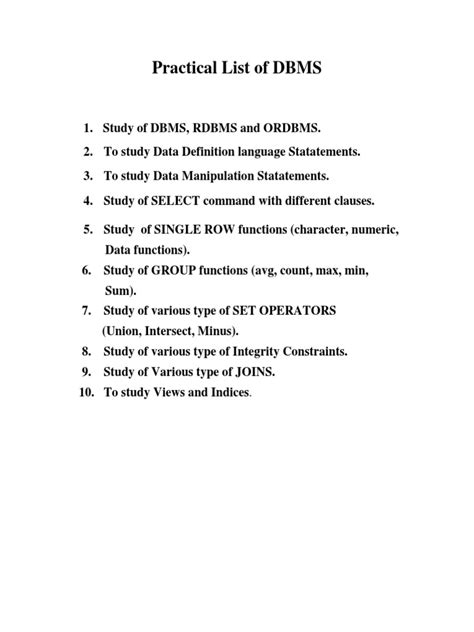 Practical List Of Dbms And Indices Pdf