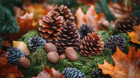 A Display Of Pine Cones And Chestnuts On Moss Creating A Serene Fall Ambiance Ideal For A