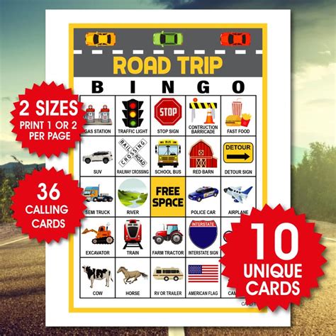 Road Trip Bingo Game Travel Car Activity 10 Unique Cards Pdf Etsy