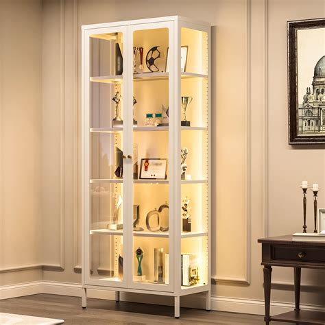 Display Cabinet With Glass Doors 5 Tier Storage Shelves With 3 Side