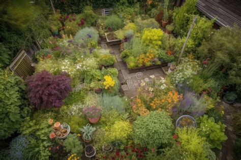 View Of Garden From Above Showing Diversity And Variety Of Plants