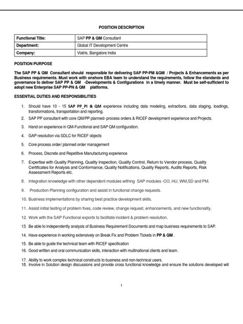 Sap Pp And Qm Consultant Position Description Responsibilities For Leading Sap Projects And