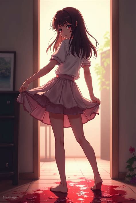 Anime Woman Lifting Her Skirt Showing Her Panties From Peeing And