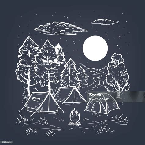 Sketsa Vektor Hutan Konifer Tenda Api Unggun Dan Bulan Gaya Ukiran Kamp