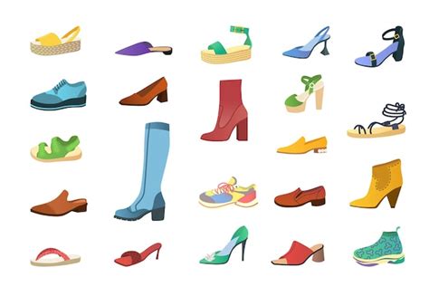 Stijlvol Schoeisel Cartoon Vector Illustratie Set Elegante En Casual Schoenen Seizoensgebonden