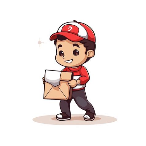 Premium Vector Cute Delivery Boy In Red Uniform Holding A Parcel