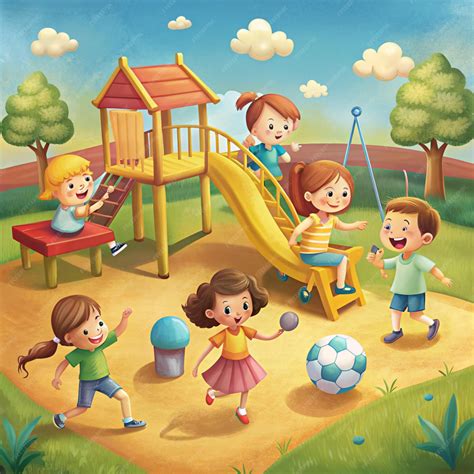 Niños Y Niñas Jugando En El Patio De Recreo Alegre Diversión De La