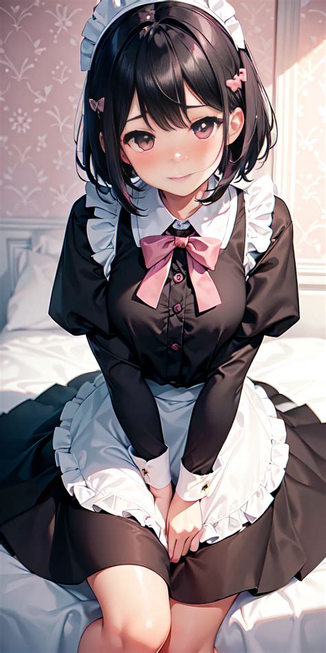 Anime Girl In Maid Outfit Sitting On A Bed With Her Hands On Her Knees