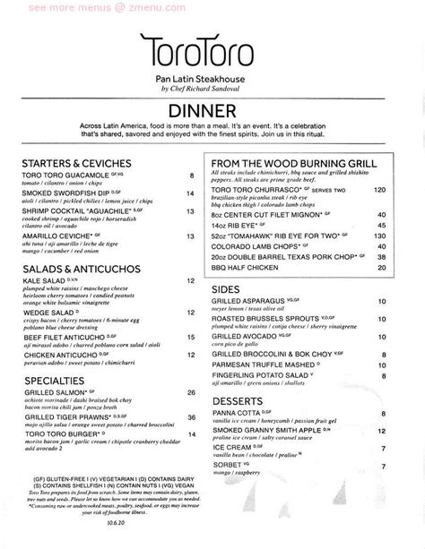 Menu At Toro Toro Fort Worth Steakhouse Fort Worth 200 Main St