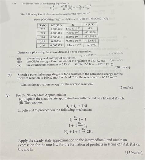 Solved A The Linear Form Of The Eyring Equation Is