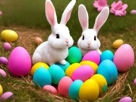 Happy Bunny Rabbits With Easter Eggs Generative Ai Illustration Stock